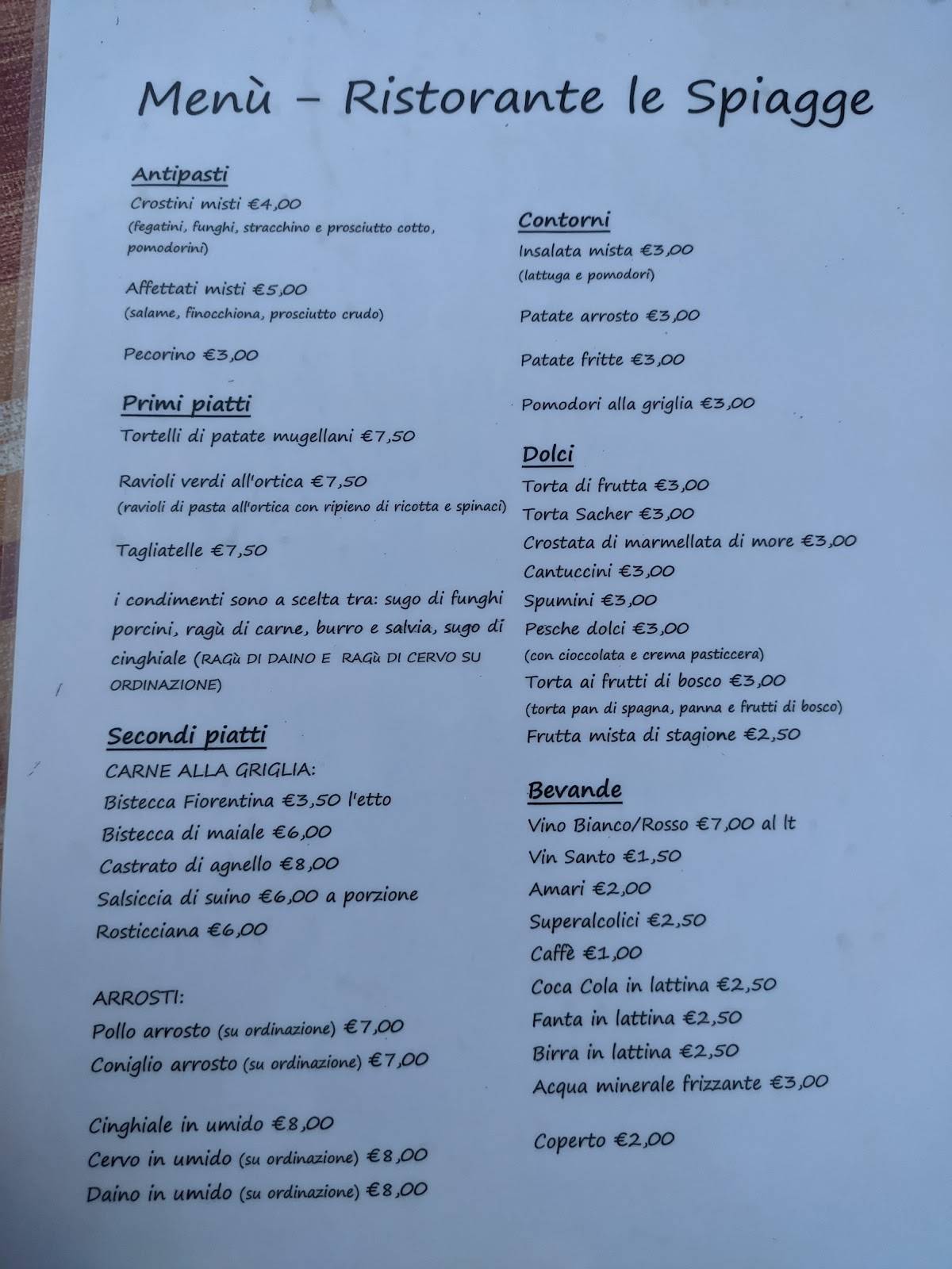 Menu au Le Spiagge Di Tamara restaurant, Italie