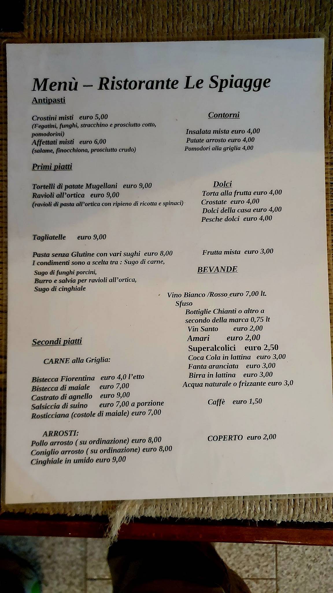 Menu au Le Spiagge Di Tamara restaurant, Italie