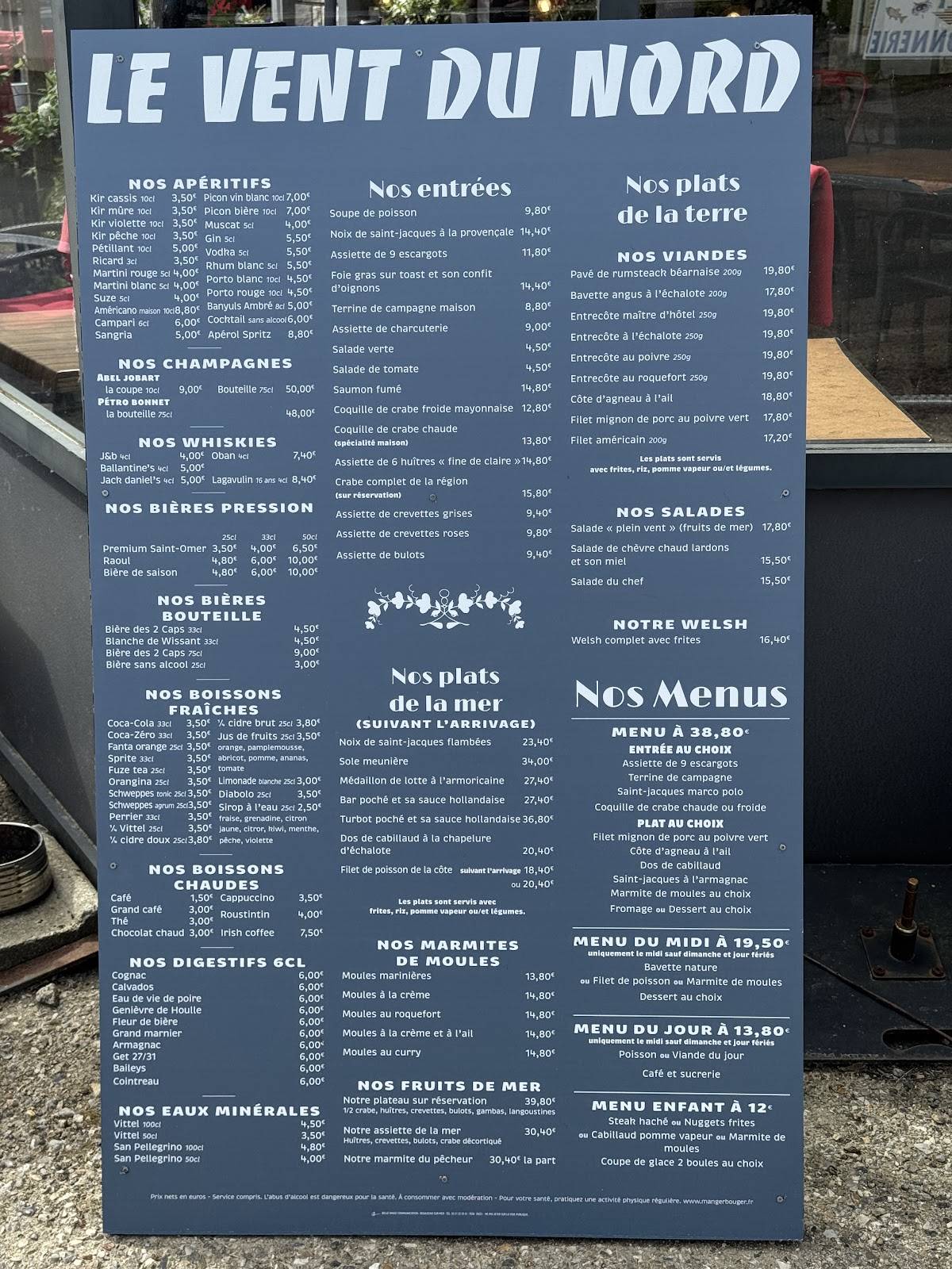 Menu at Le Vent du Nord restaurant, Audinghen