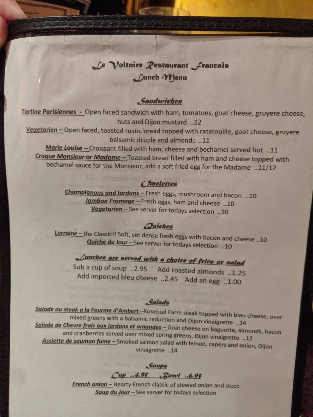 Menu at Le Voltaire French Restaurant, Omaha