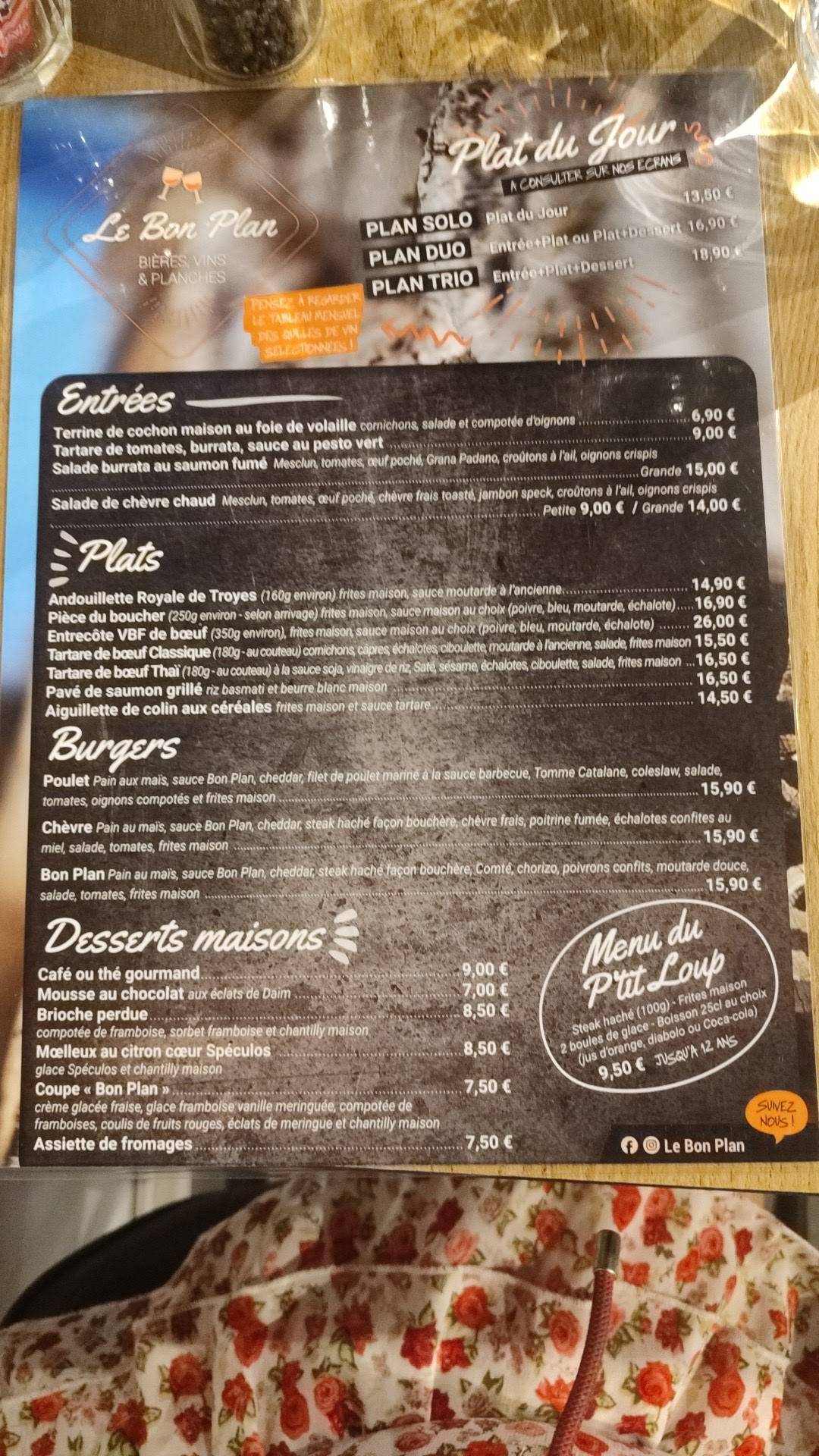 Menu au Le bon plan restaurant, Aizenay
