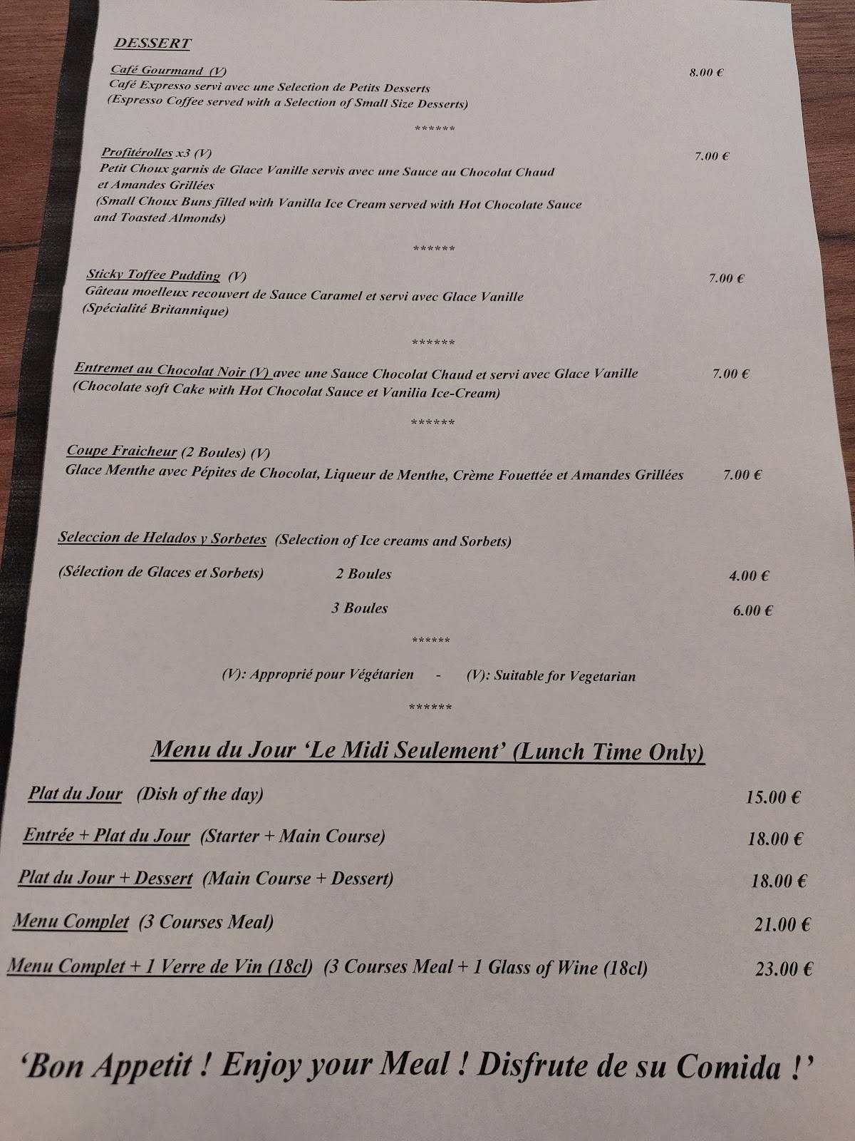 Menu au Le lys et le thistle pub et bar, Pressignac