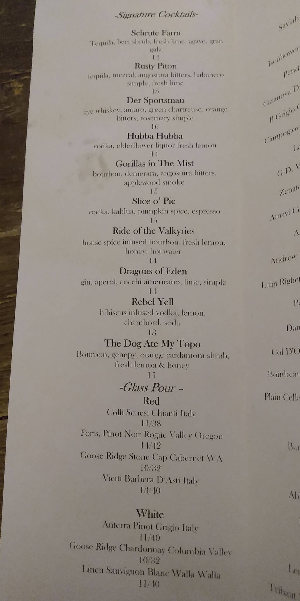 Menu at Larch Handcrafted Pasta & cocktails restaurant, Leavenworth