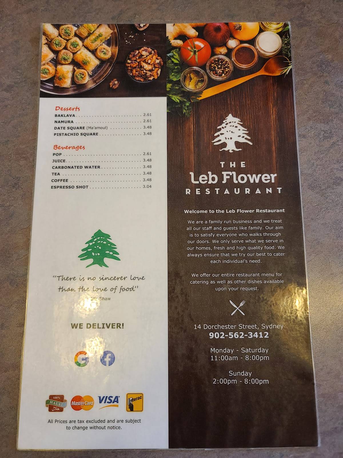 Menu at Lebanese Flower Restaurant, Sydney, 14 Dorchester St