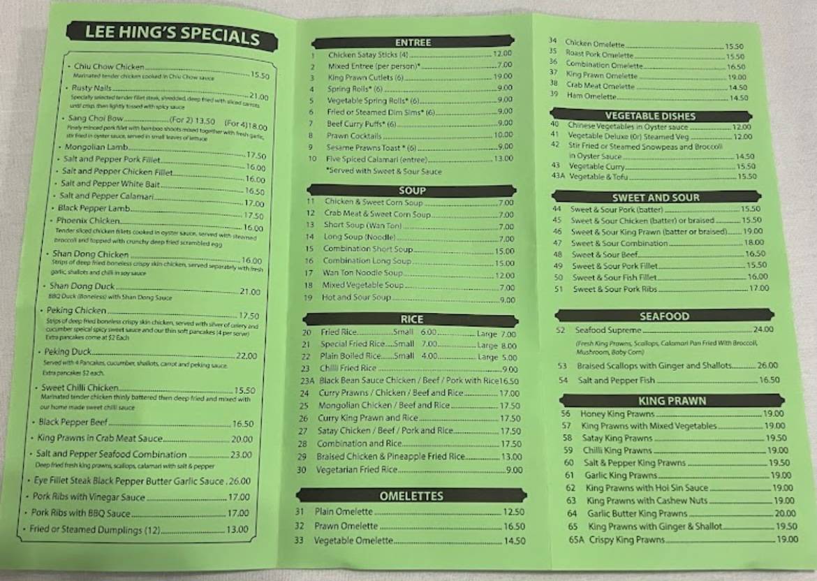 Menu at Lee Hing Chinese Restaurant, Oatley