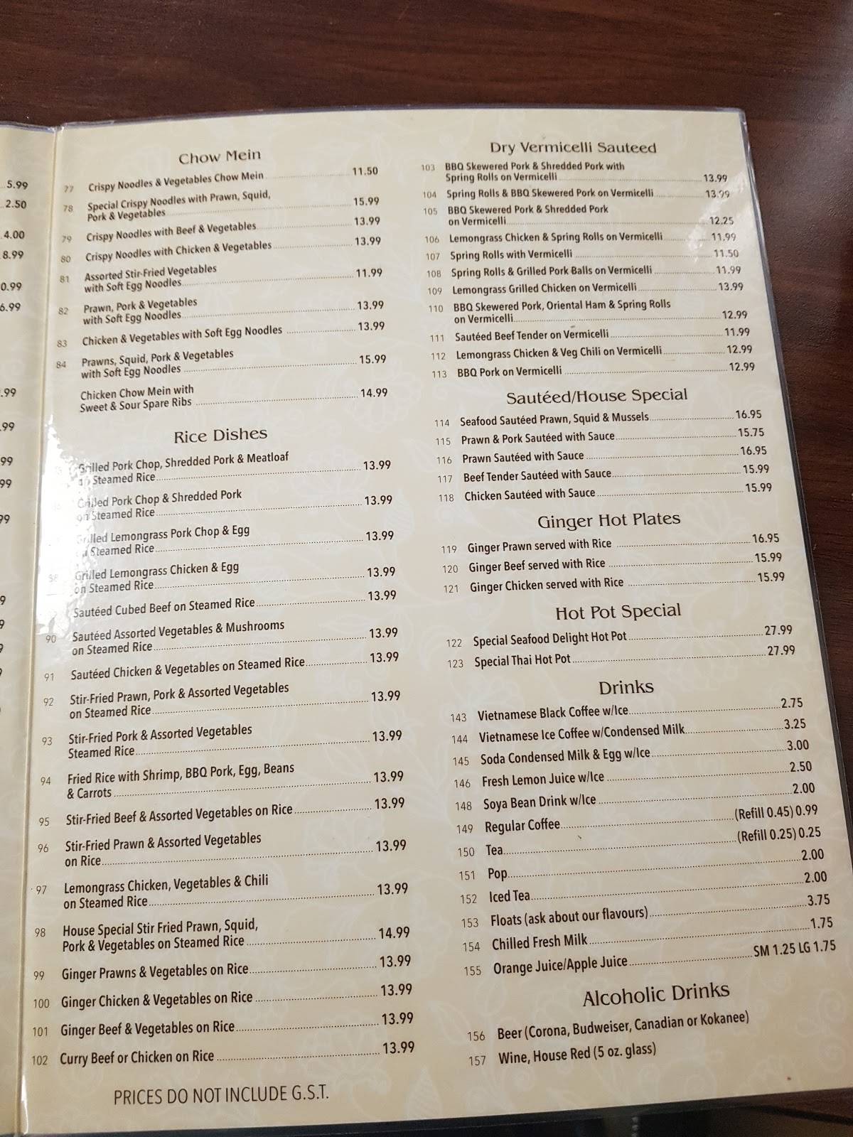 Menu at Lee & Ann's restaurant, Prince Rupert