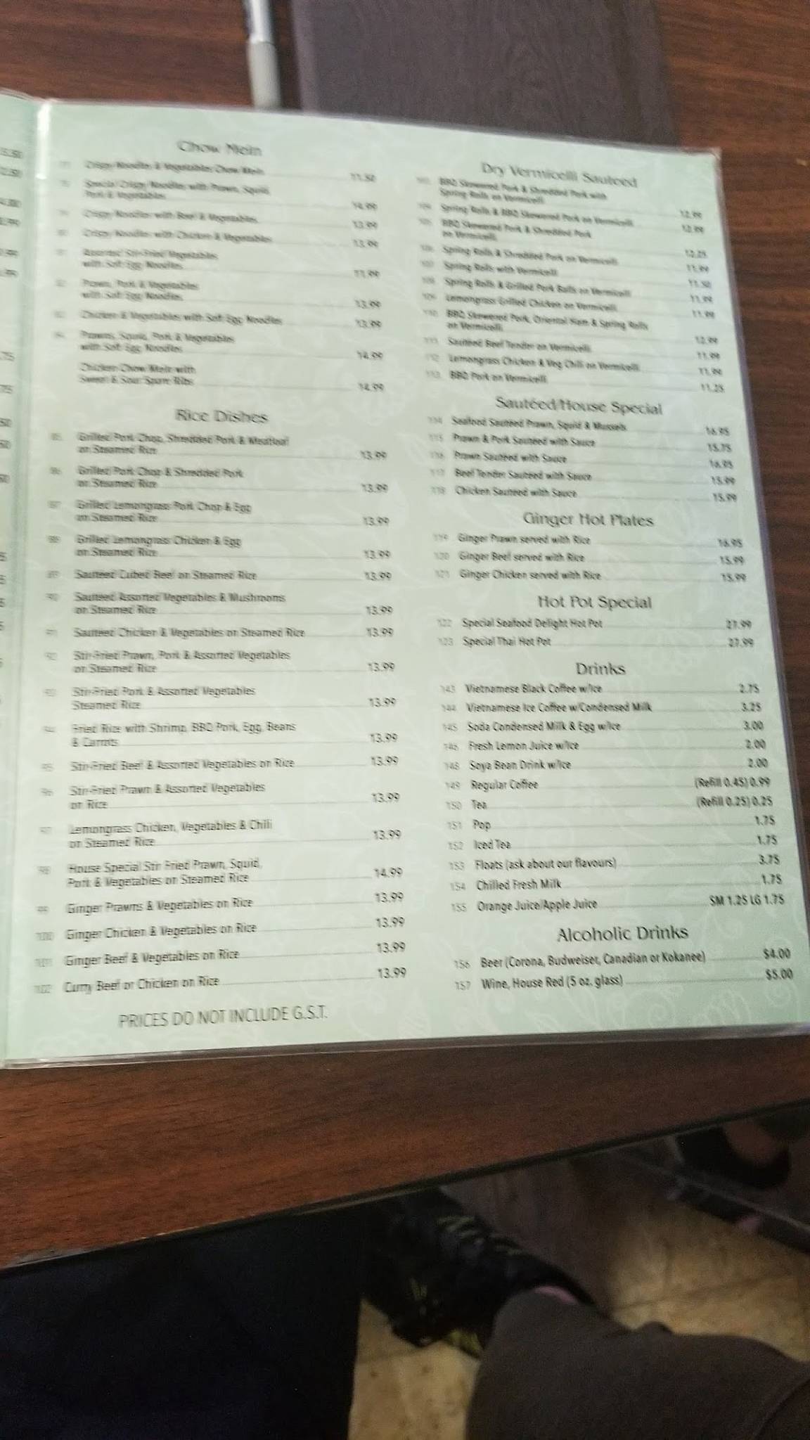 Menu at Lee & Ann's restaurant, Prince Rupert