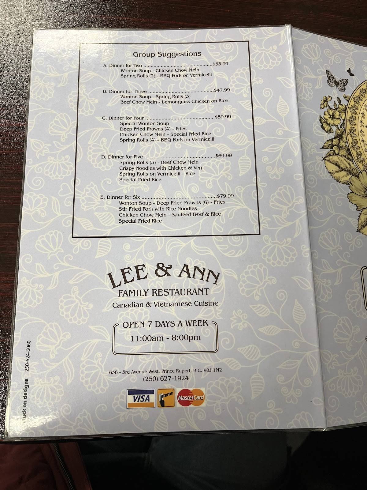 Menu at Lee & Ann's restaurant, Prince Rupert