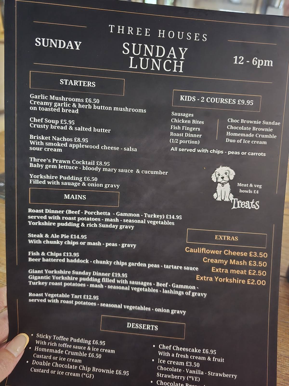 Menu at The Three Houses restaurant, Wakefield