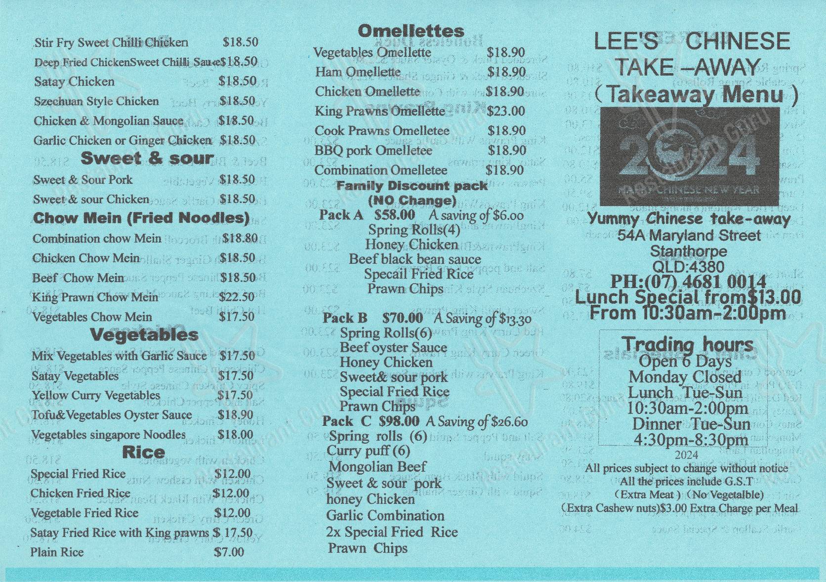 Menu at Lee's Chinese Takeaway fast food, Stanthorpe