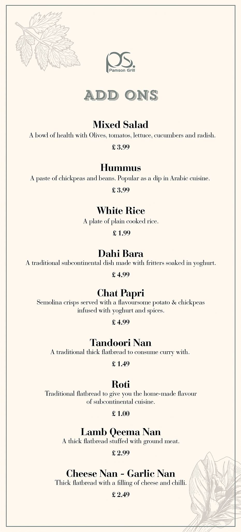 Menu at Pamson Grill restaurant, Leicester