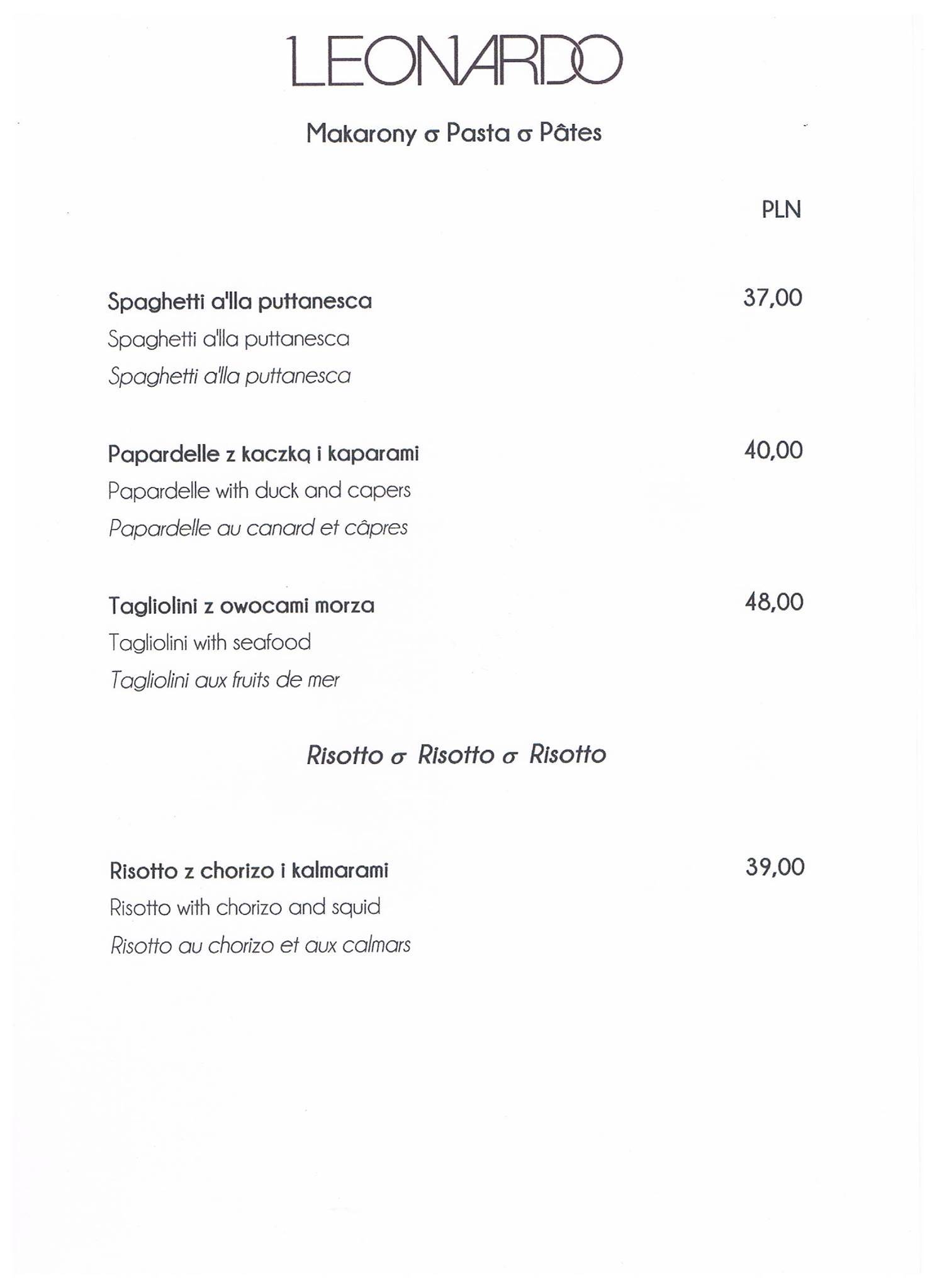 Menu at Leonardo Restaurant, Kraków