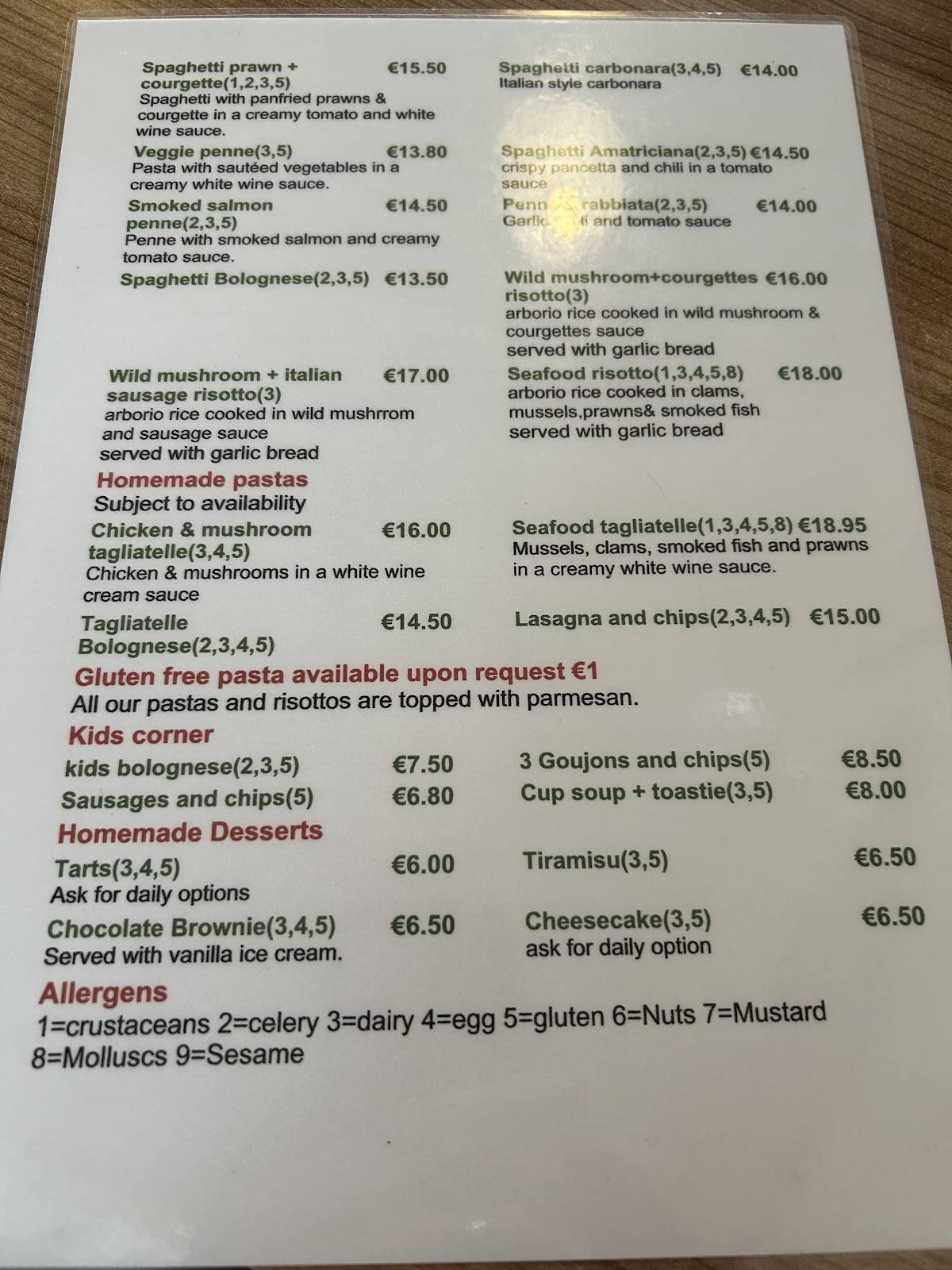 Menu at Leonardo's Cafe Kimbo, Cobh