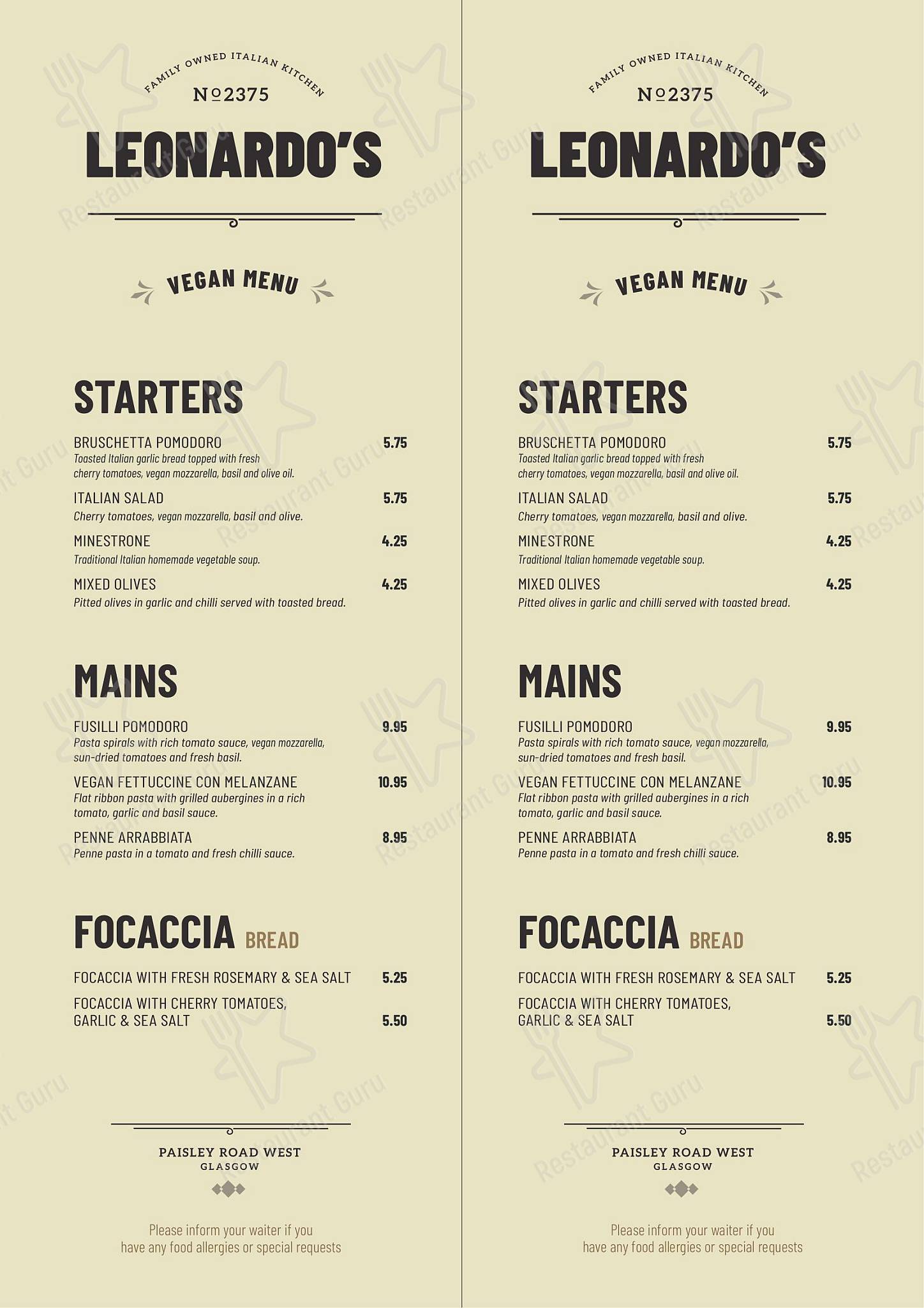 Menu at Leonardo's Glasgow restaurant, Glasgow