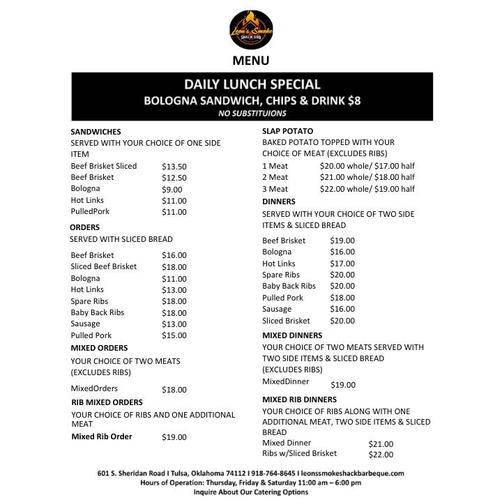 Menu at Leon's Smoke Shack Barbeque, Tulsa, 601 S Sheridan Rd