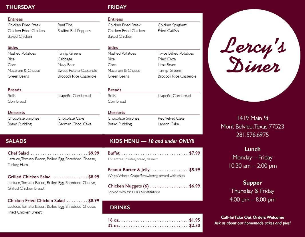 Menu at Lercy's Diner West restaurant, Mont Belvieu