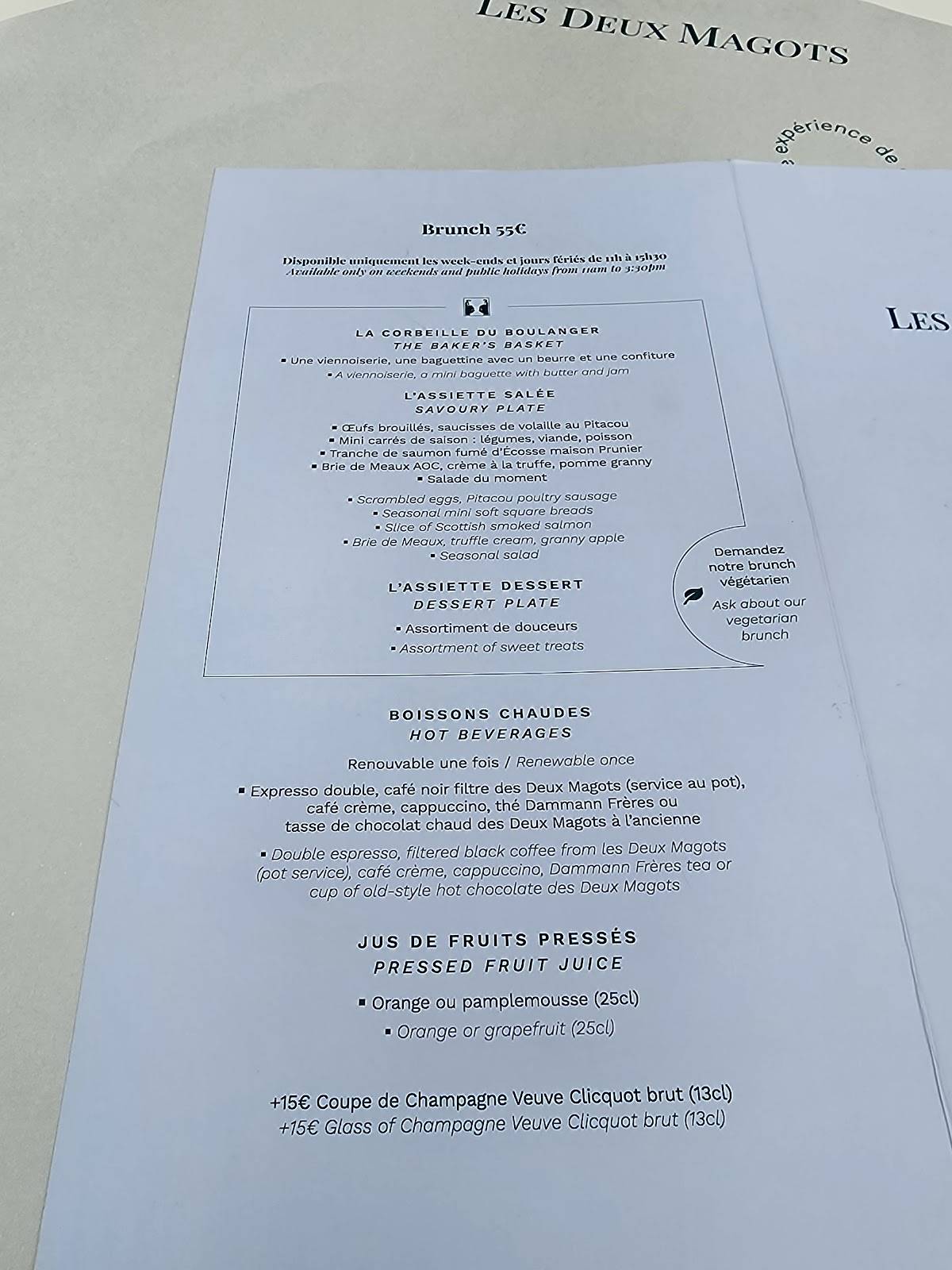 Menu at Les Deux Magots cafe, Paris, 6 Pl. Saint-Germain des Prés
