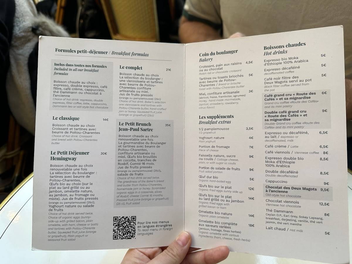 Menu au Les Deux Magots café, Paris, 6 Pl. Saint-Germain des Prés