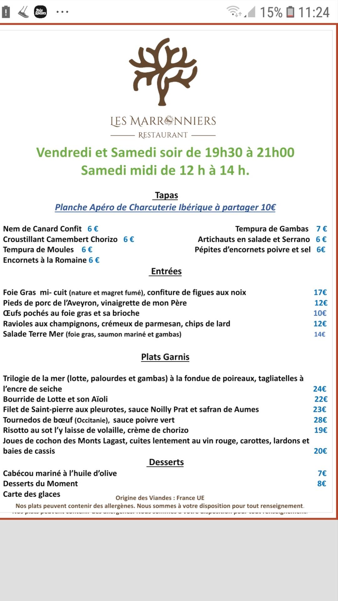 Menu au Les Marronniers restaurant, Pézenas