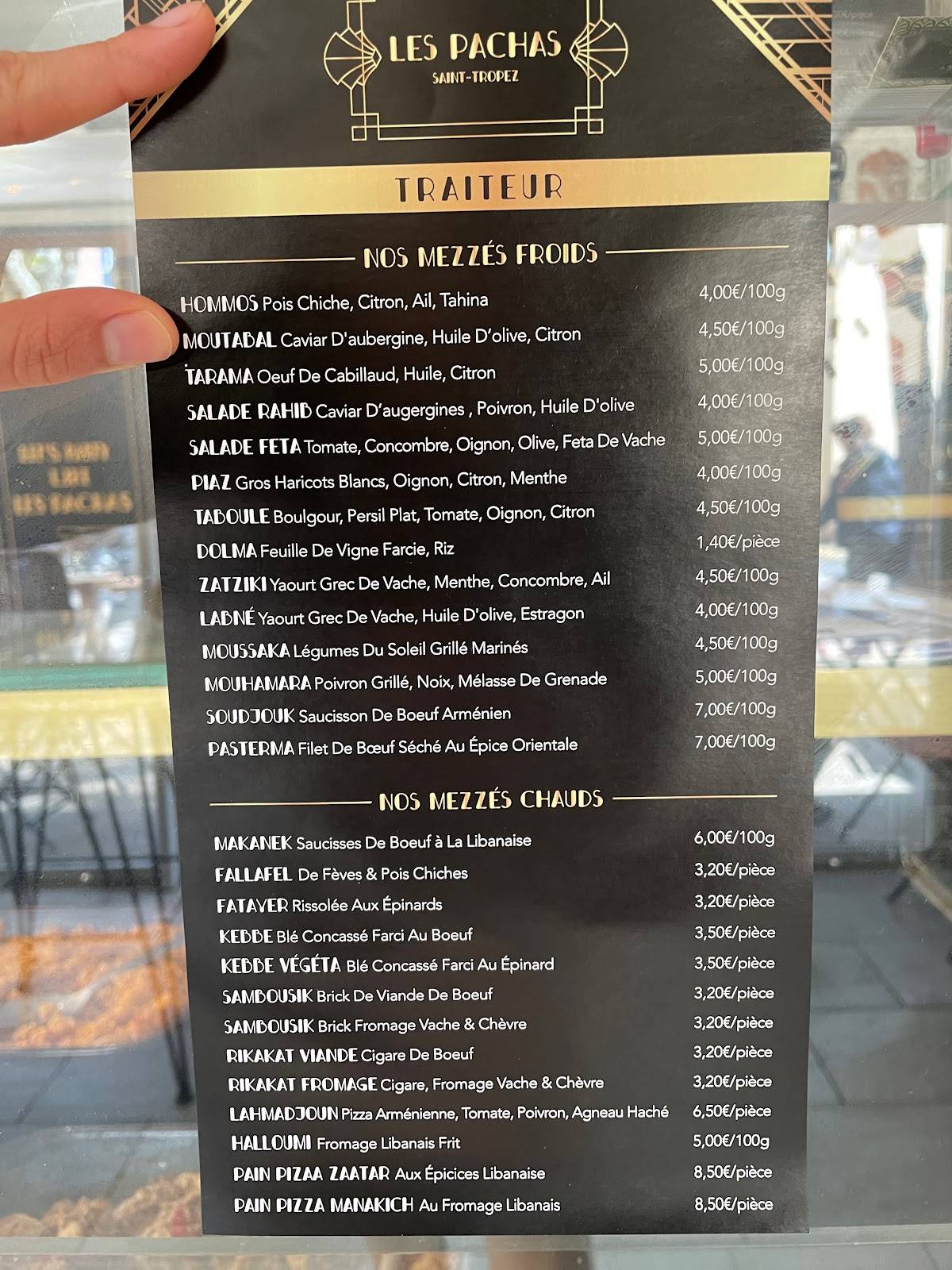 Menu at Les Pachas Marocains restaurant, Saint-Tropez
