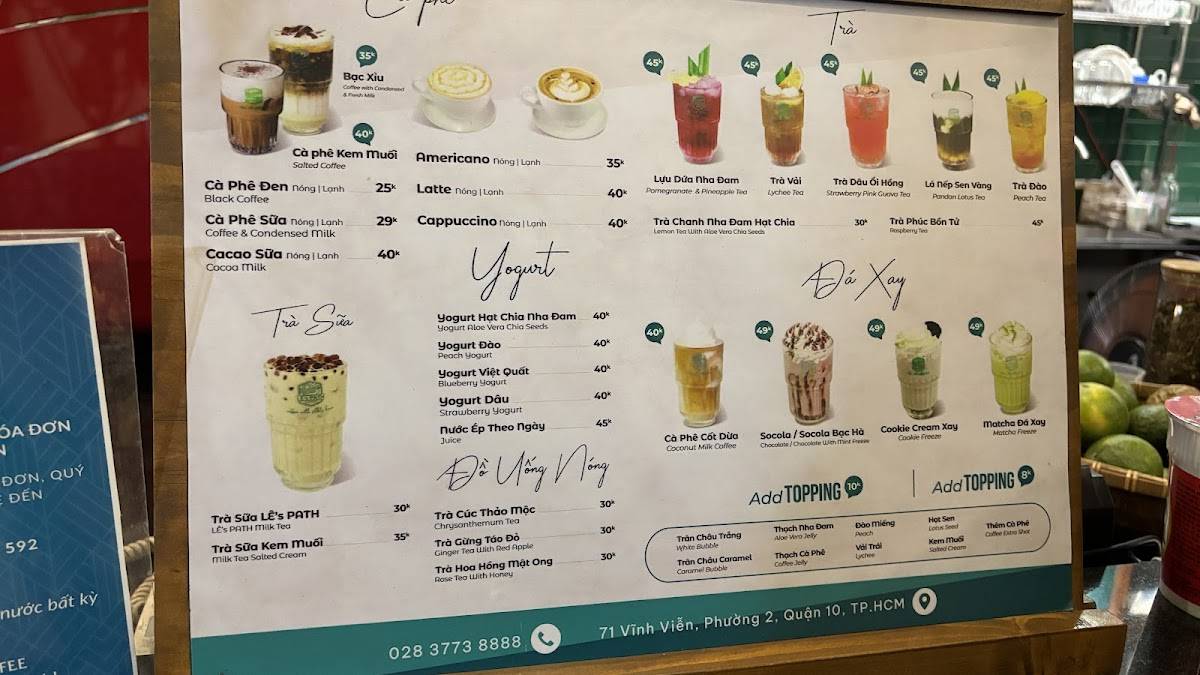 Menu at Lê's Path Coffee restaurant, Ho Chi Minh City, 71 Đ. Vĩnh Viễn