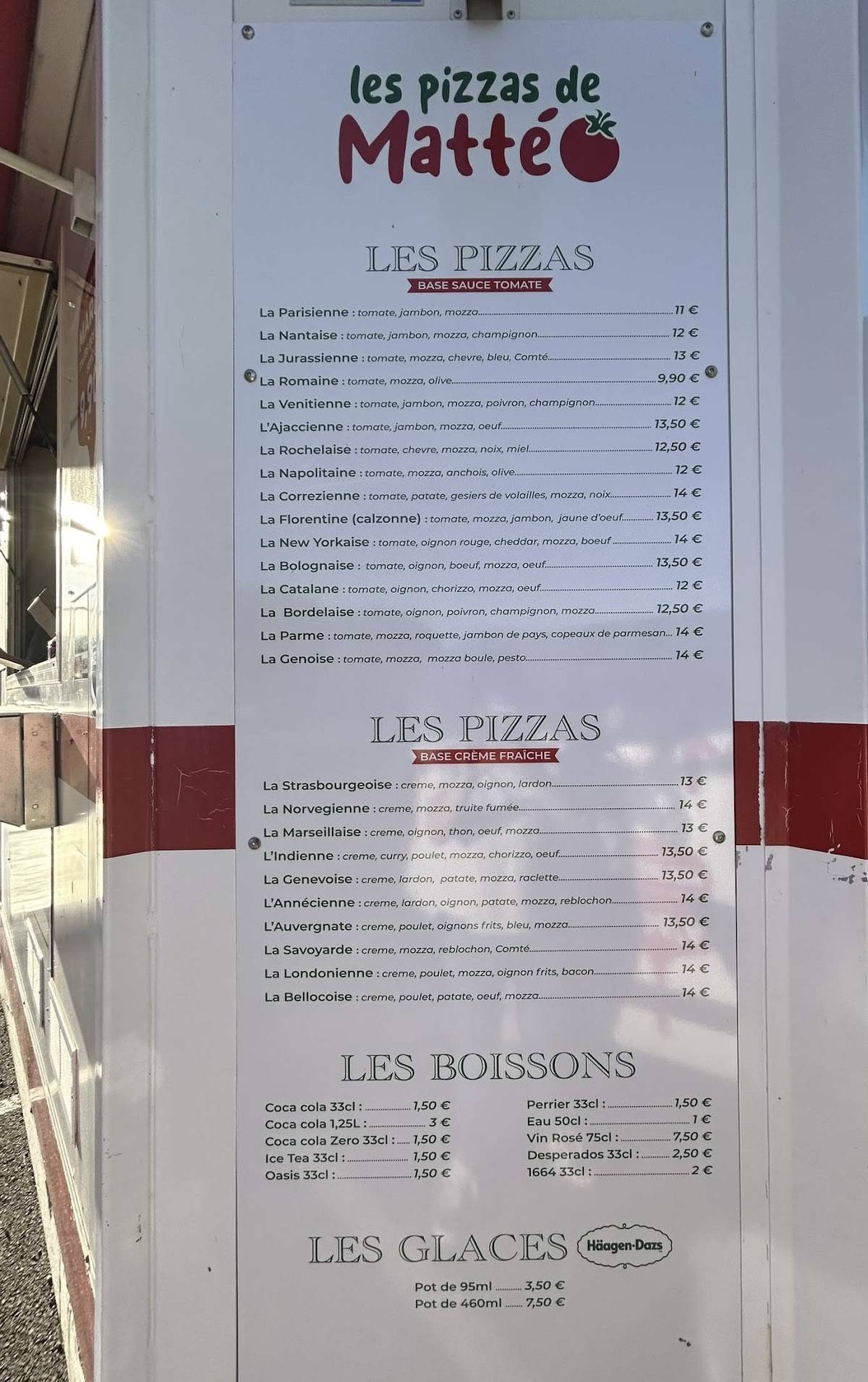 Carta de pizzería Les pizzas de Mattéo, Altillac
