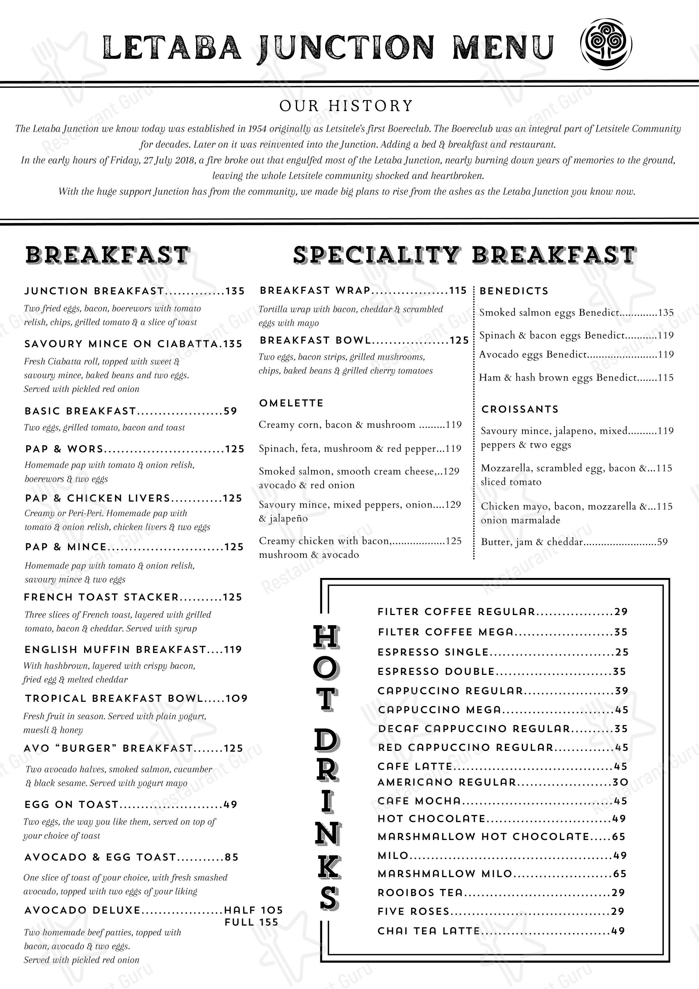 Menu at Letaba Junction restaurant, Letsitele