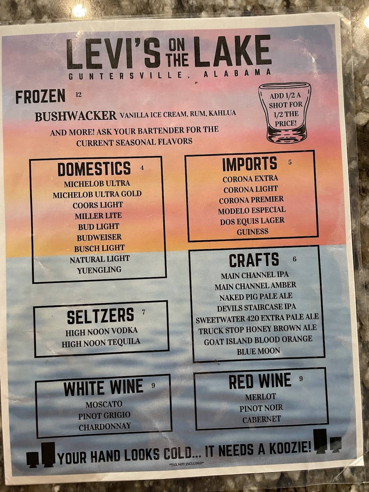 Menu at Levi’s On The Lake pub & bar, Guntersville