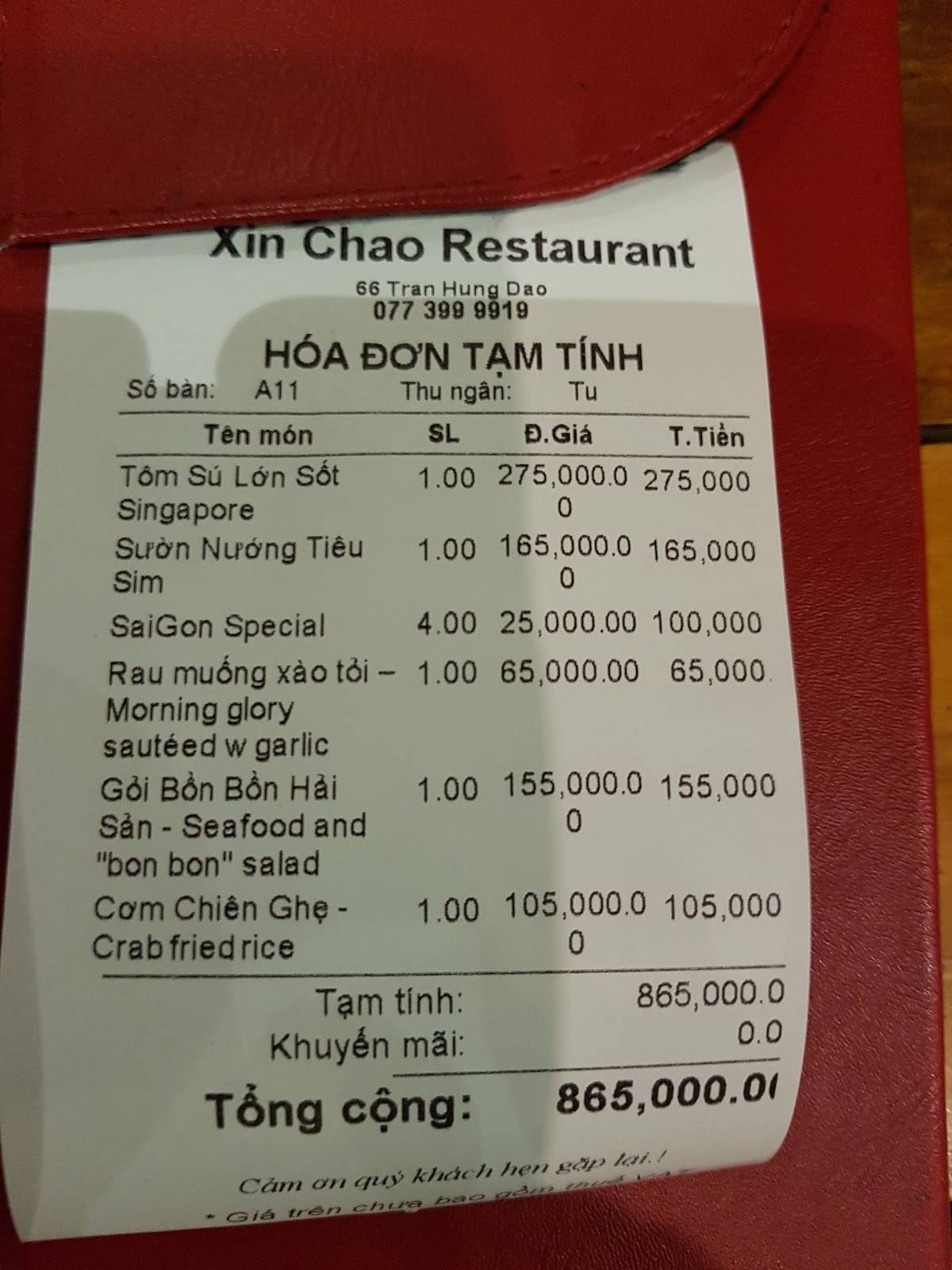 Menu at LiLa Restaurant, Phu Quoc