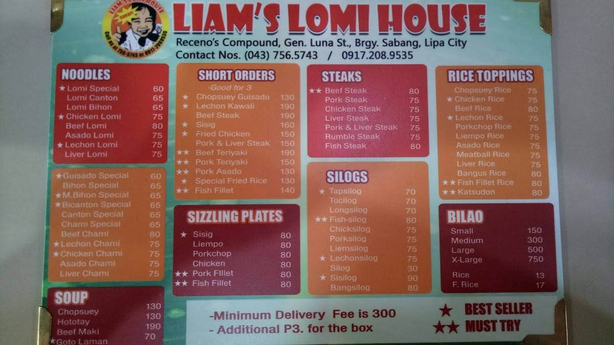 Menu at Liam's Lomi House restaurant, Lipa