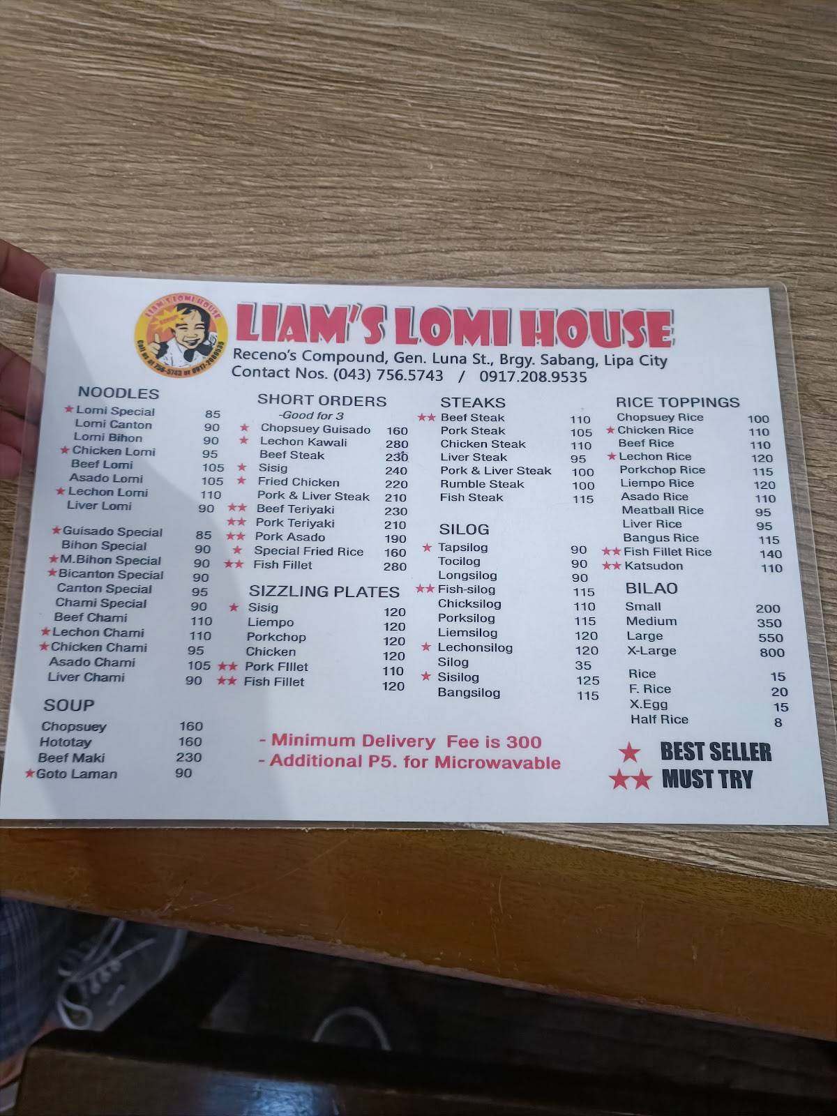 Menu at Liam's Lomi House restaurant, Lipa