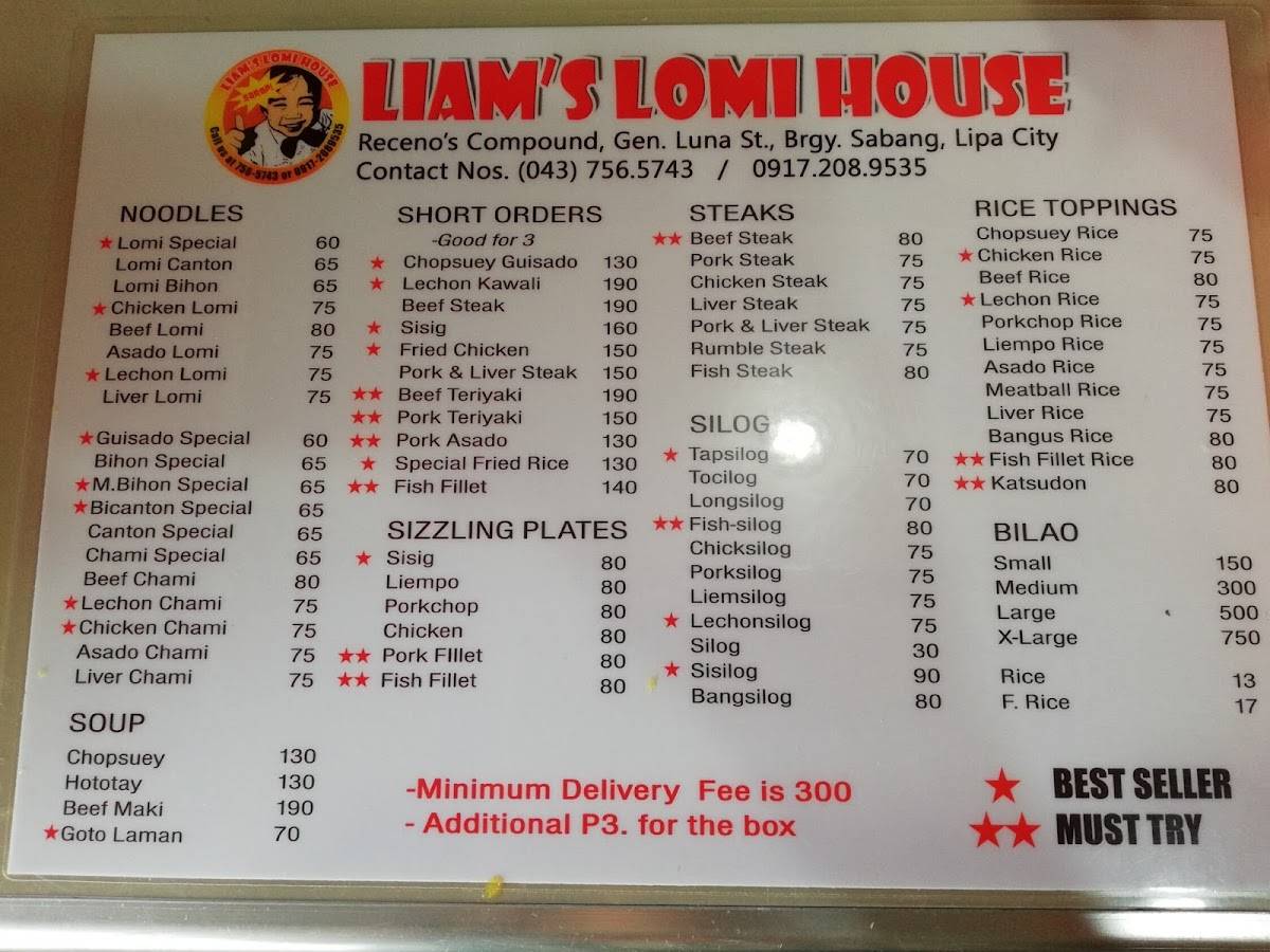 Menu at Liam's Lomi House restaurant, Lipa