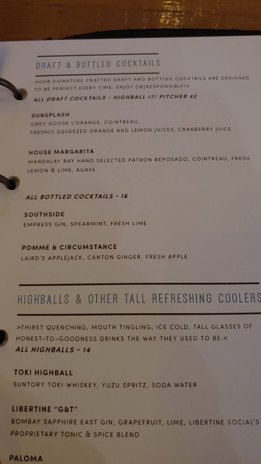 Menu at Libertine Social pub & bar, Las Vegas