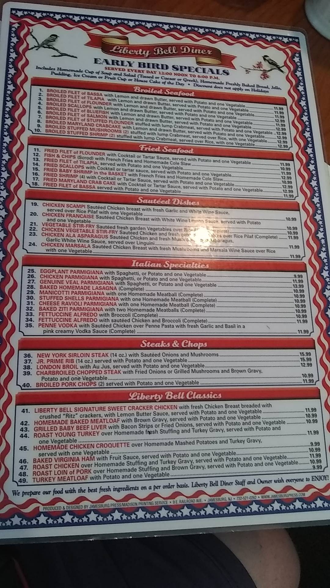 Menu at Liberty Bell Diner restaurant, Philadelphia, 8445 Frankford Ave