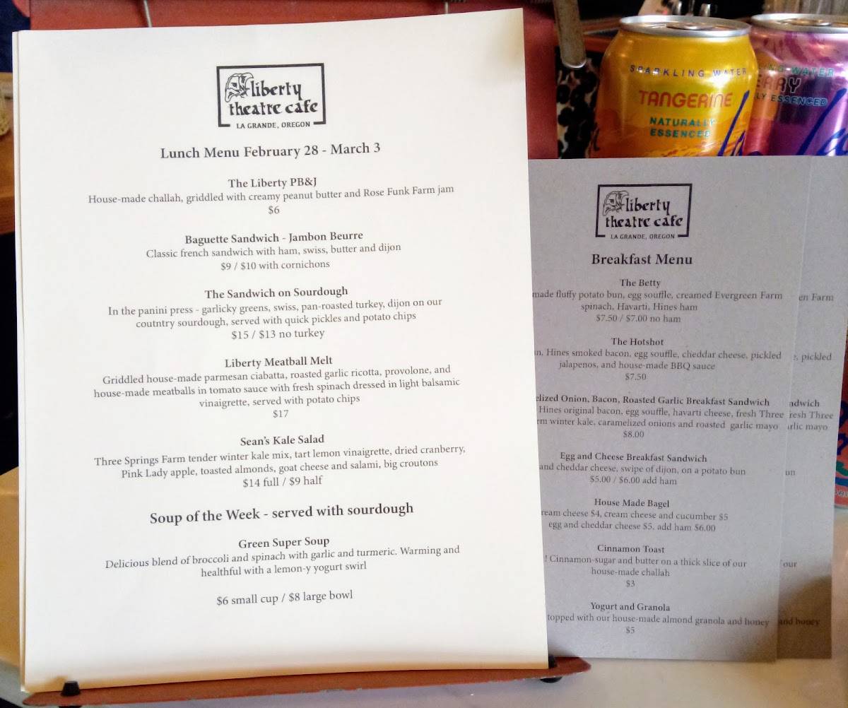 Menu at Liberty Theatre Cafe, La Grande