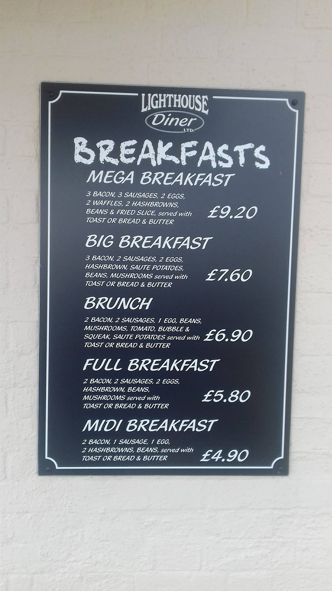 Menu at Lighthouse Diner cafe, Lowestoft