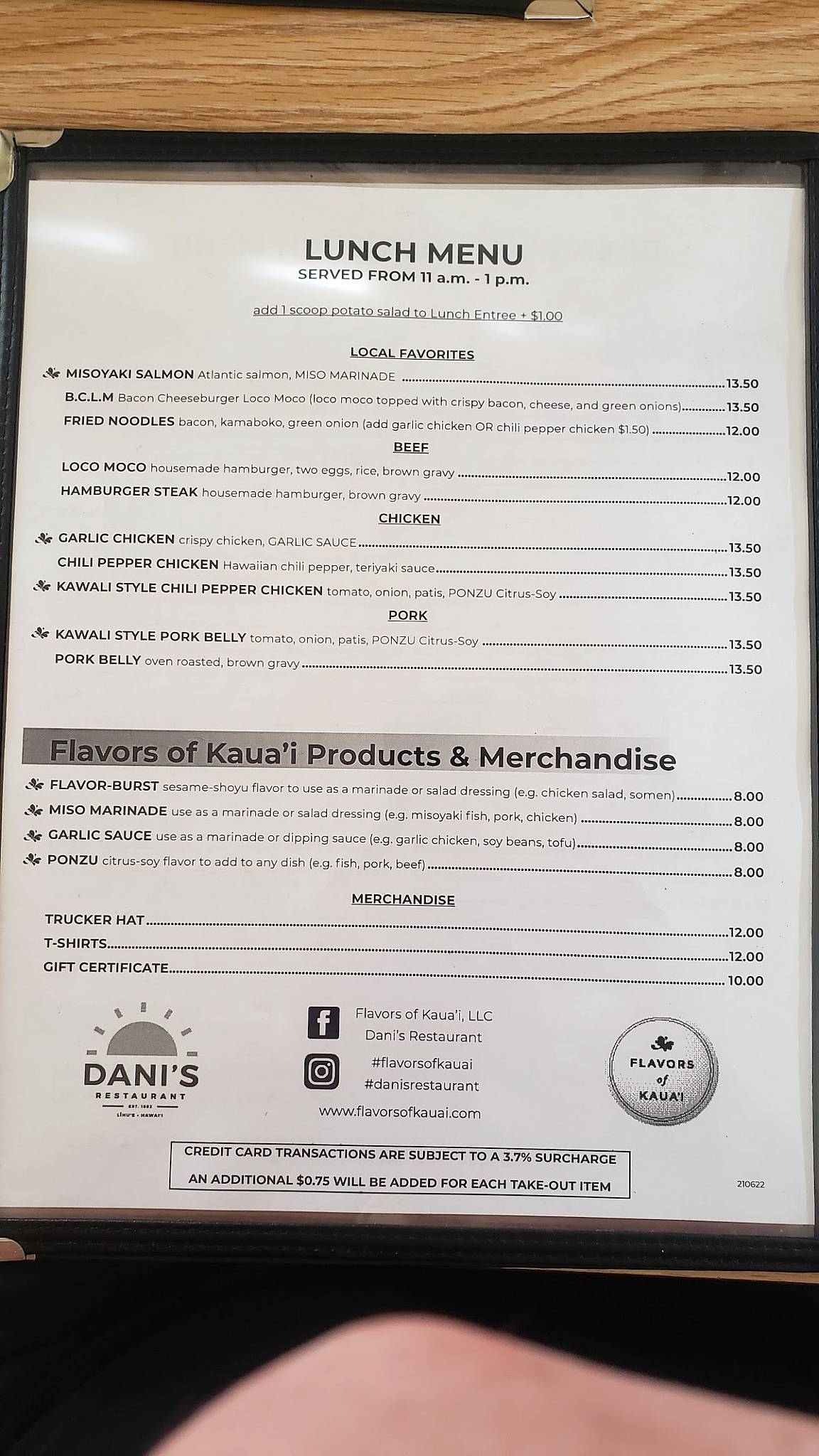 Menu at Dani's Restaurant, Lihue