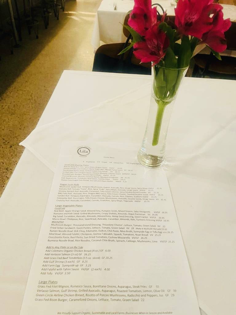 Menu at Lila restaurant, Sarasota