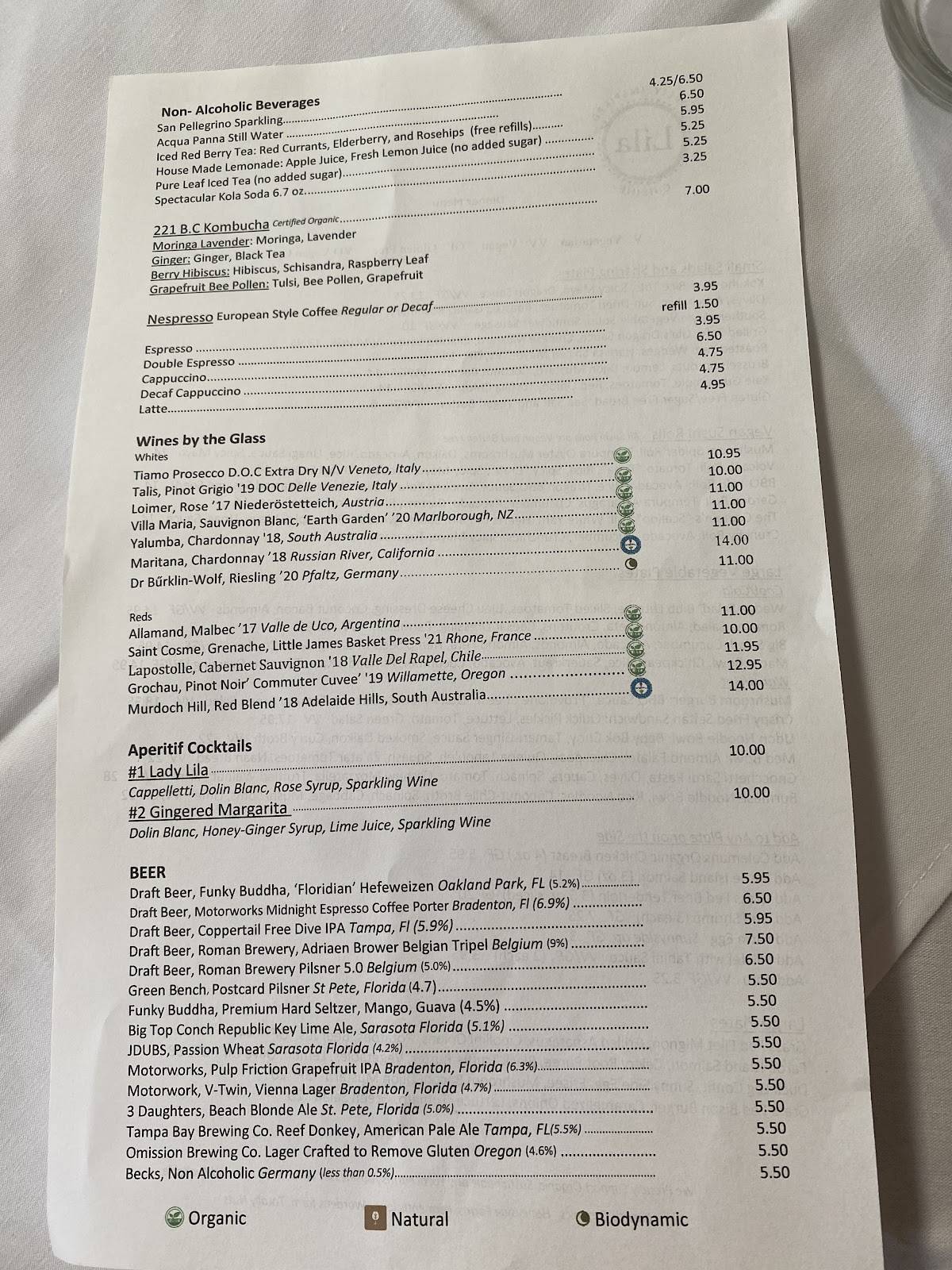 Menu at Lila restaurant, Sarasota