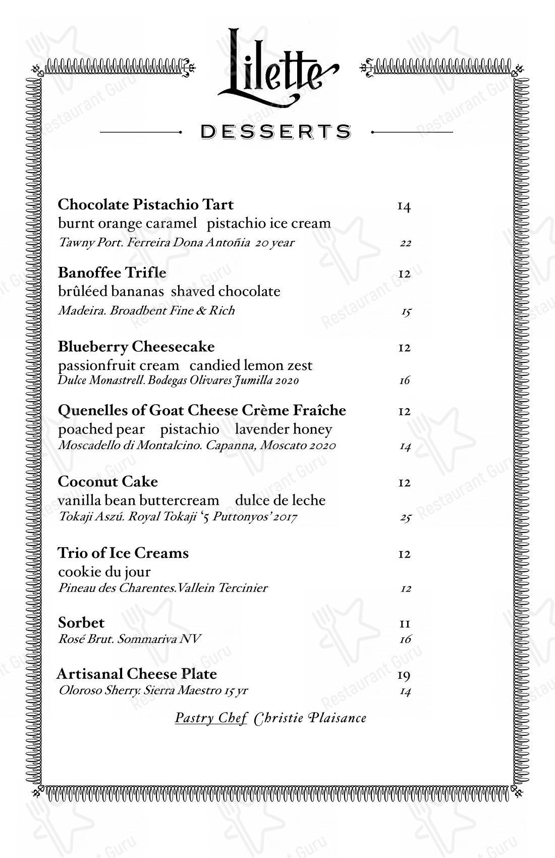 Menu at Lilette restaurant, New Orleans