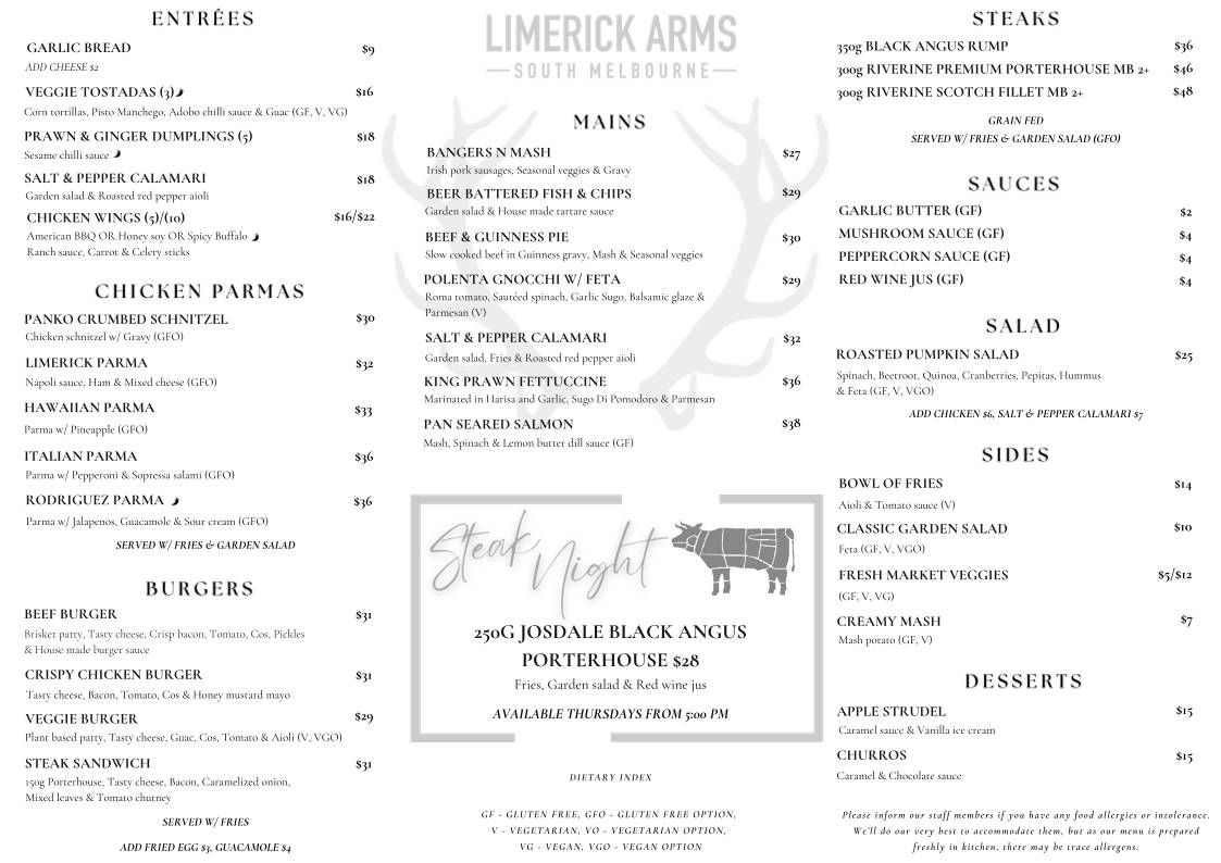 Menu at Limerick Arms Hotel restaurant, South Melbourne