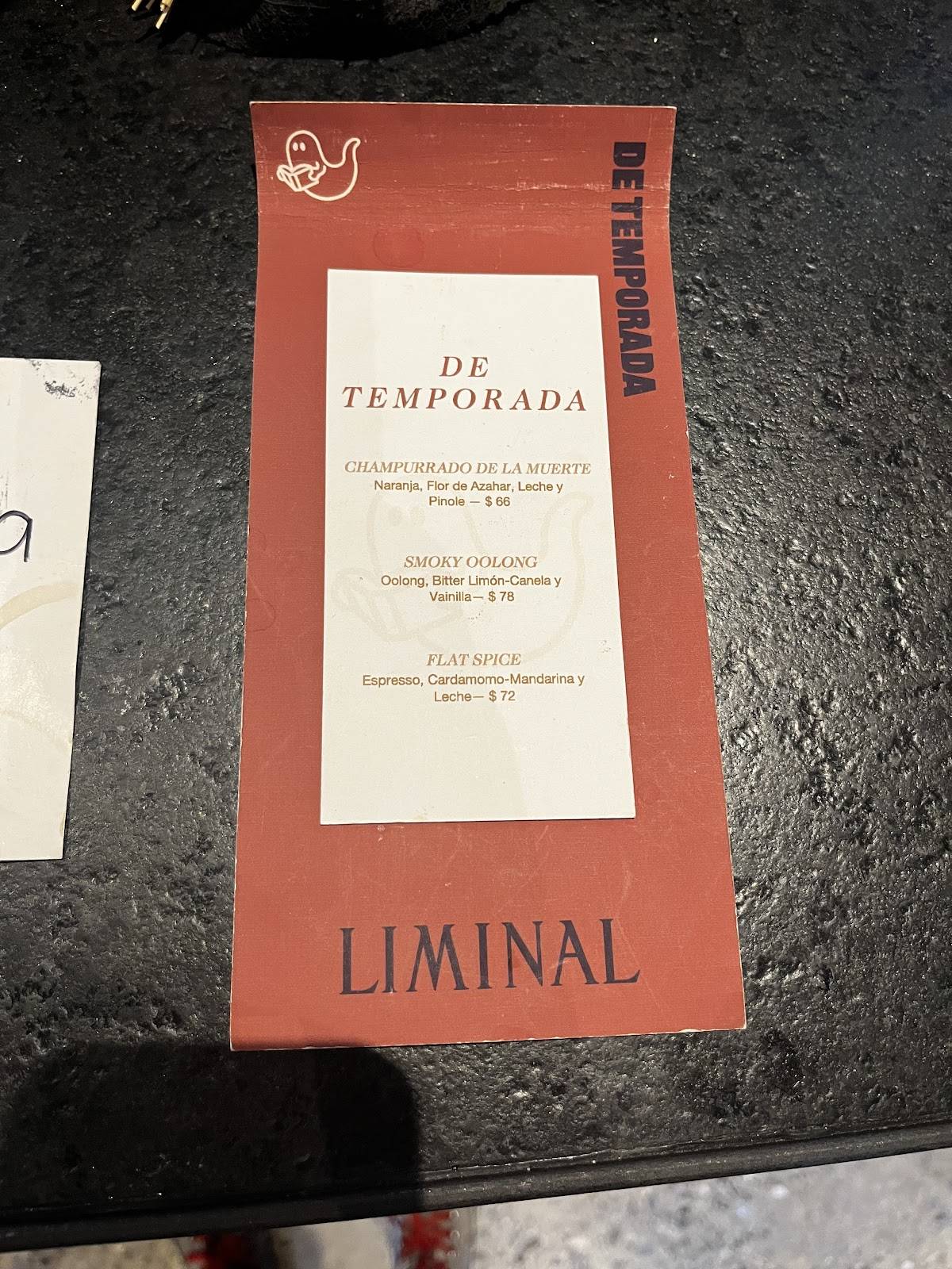 Carta del restaurante Liminal, Monterrey