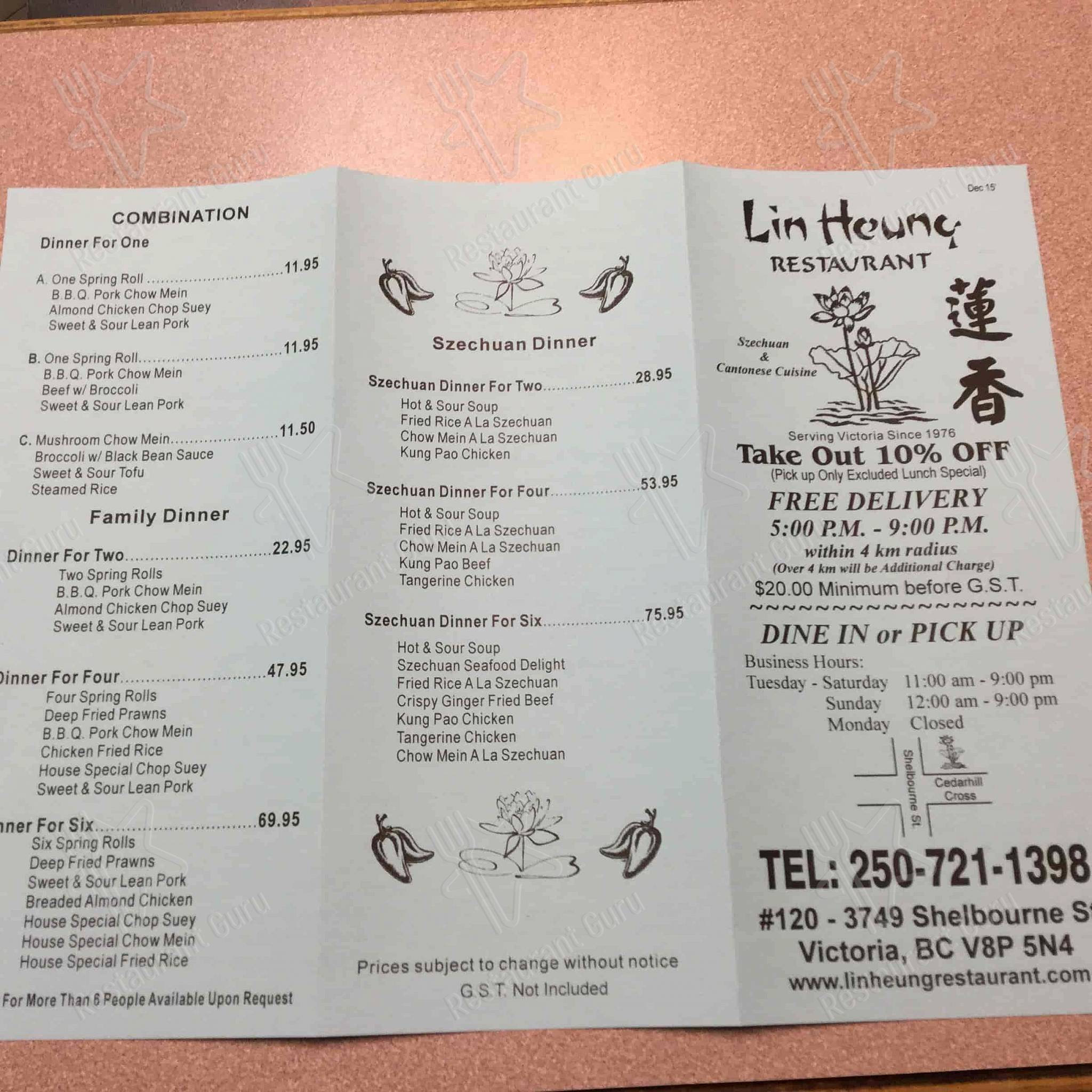 Menu at Lin Heung Restaurant, Victoria, Shelbourne St