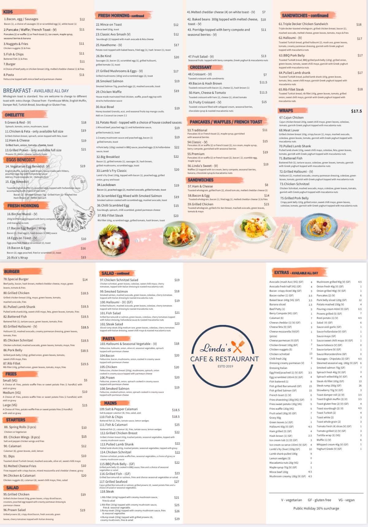 Menu at Linda's Cafe & Restaurant, Bulimba