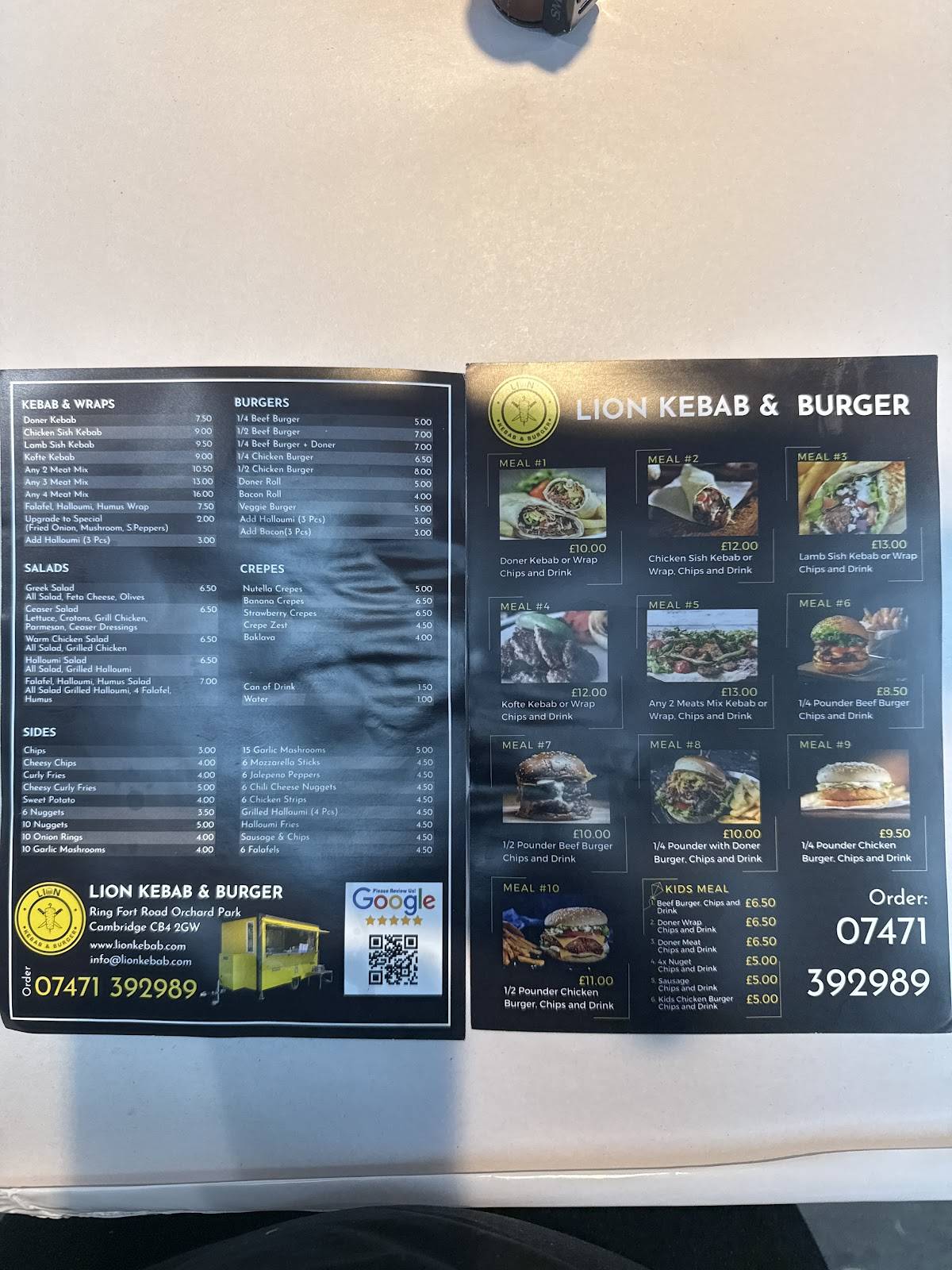 Menu at Lion kebab burger, Cambridge