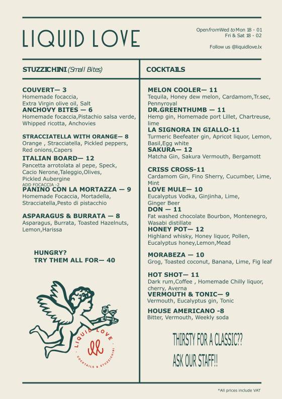 Menu at Liquid Love Cocktails and Food pub & bar, Lisbon