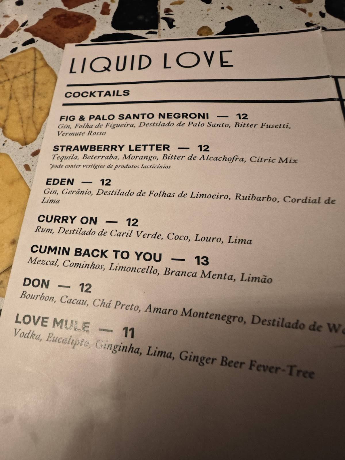 Menu at Liquid Love Cocktails and Food pub & bar, Lisbon