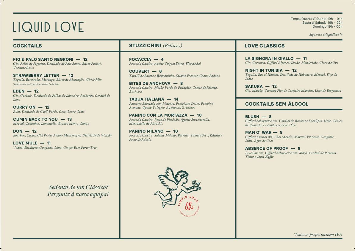 Menu at Liquid Love Cocktails and Food pub & bar, Lisbon