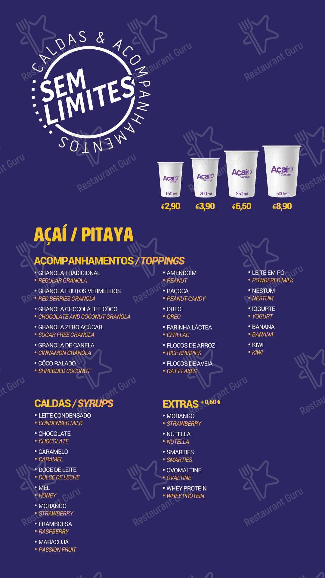 Menu at Açaí Concept restaurant, Lisbon, Armazens do Chiado