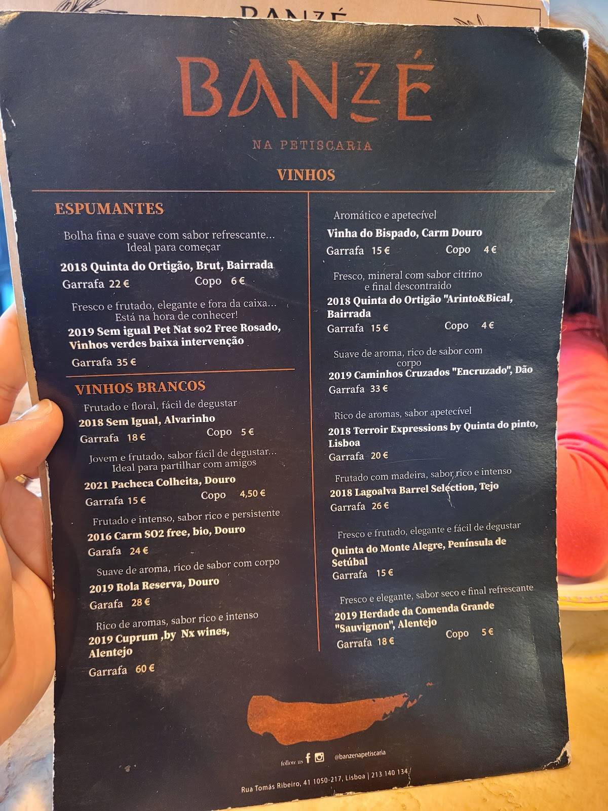 Menu em Banzé na petiscaria restaurante, Lisboa, R. Tomás Ribeiro